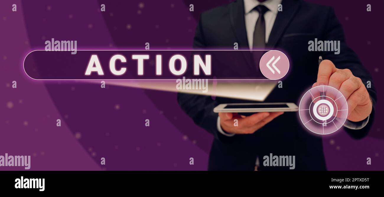 Text caption presenting Action, Word Written on fact or process doing ...