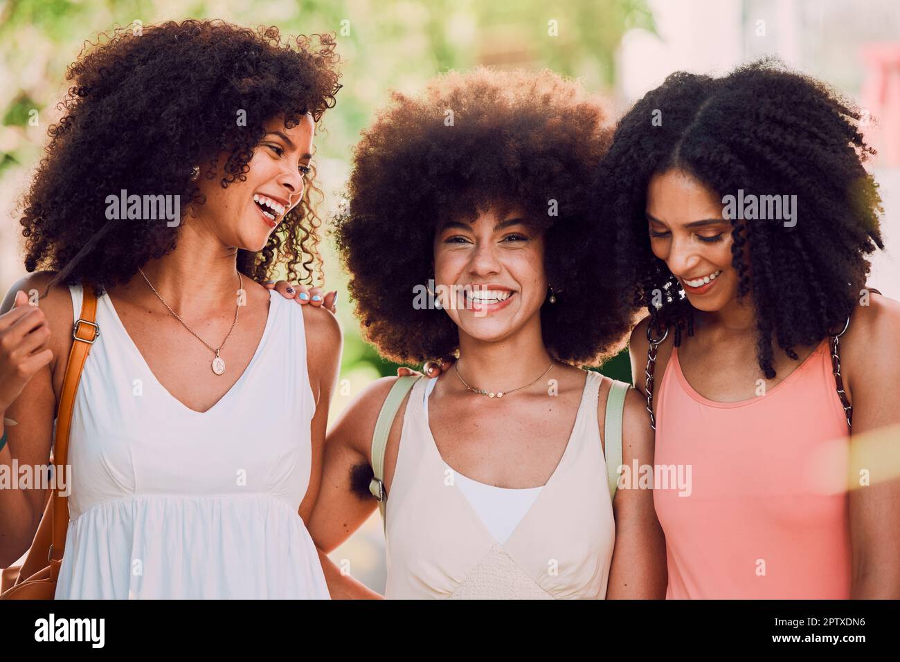 Woman, friends and laughing for social friendship, joke or fun bonding ...