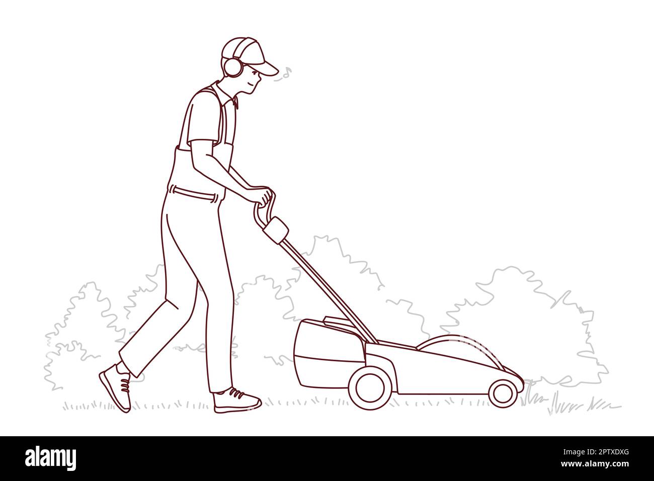 Man in uniform cut grass with electric lawn mower. Employee or worker ...