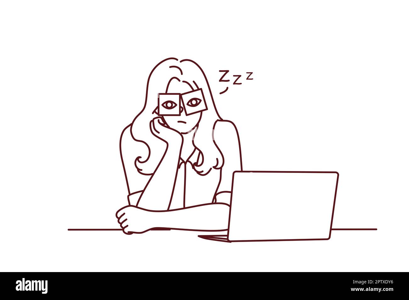 Exhausted young woman sit at desk work on computer overwhelmed with ...