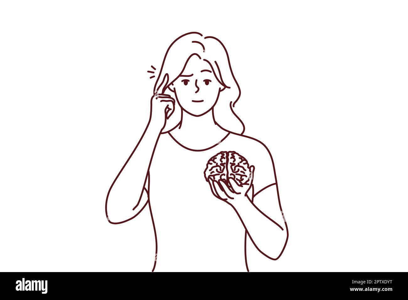 Young woman holding brain hands show at head. Focused female ask to use ...