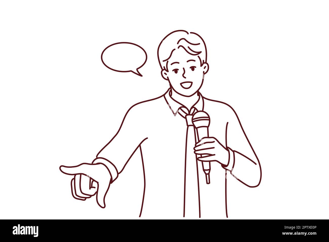 Young confident man with microphone make speech in front of audience ...