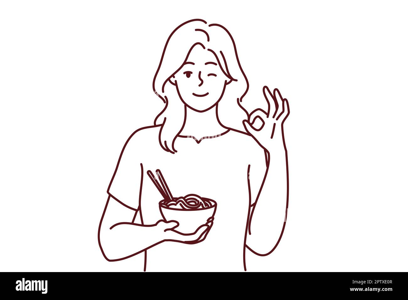 Smiling young woman eating Asian food show all right hand gesture ...