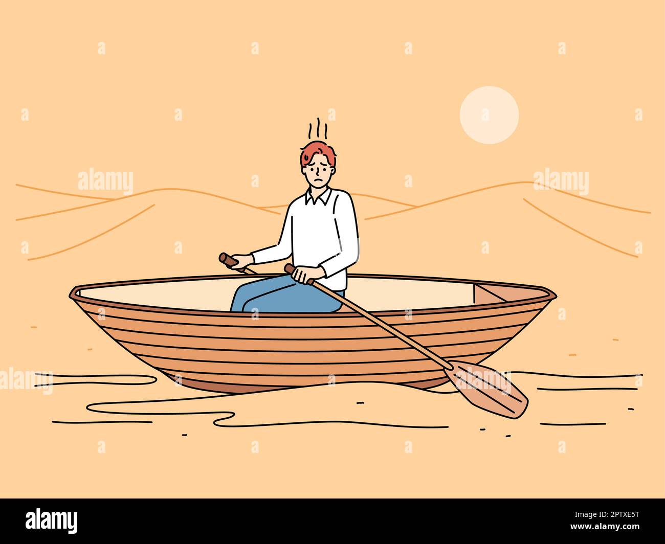 Stressed young man in boat rowing in desert. Unhappy distressed guy sit ...