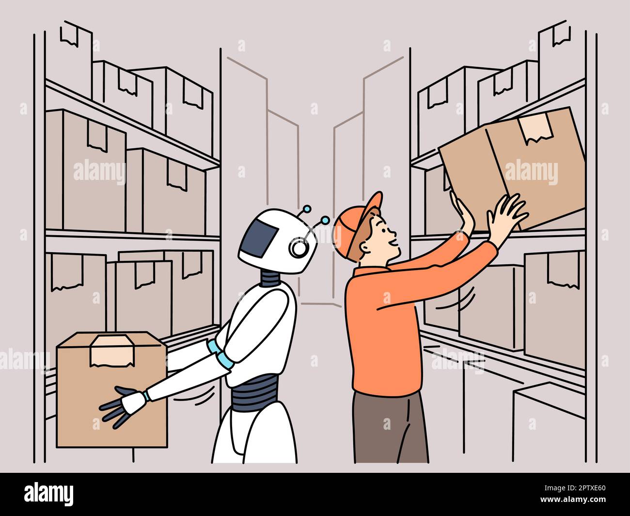 Robot helping male employee working in warehouse with boxes. Virtual ...
