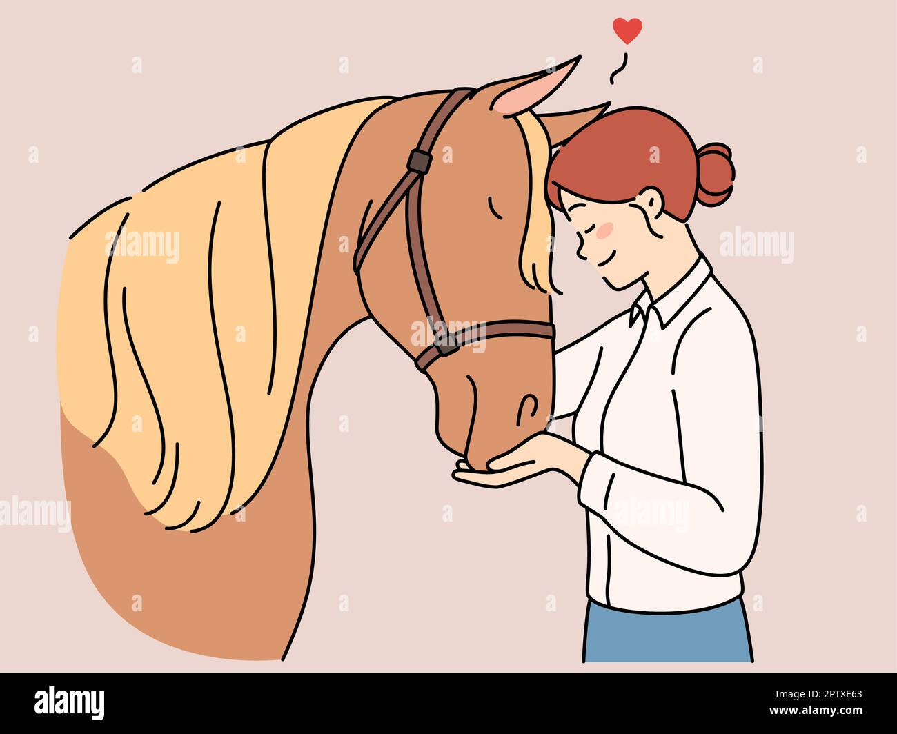 Happy young woman hugging horse. Smiling girl cuddle embrace animal on ...