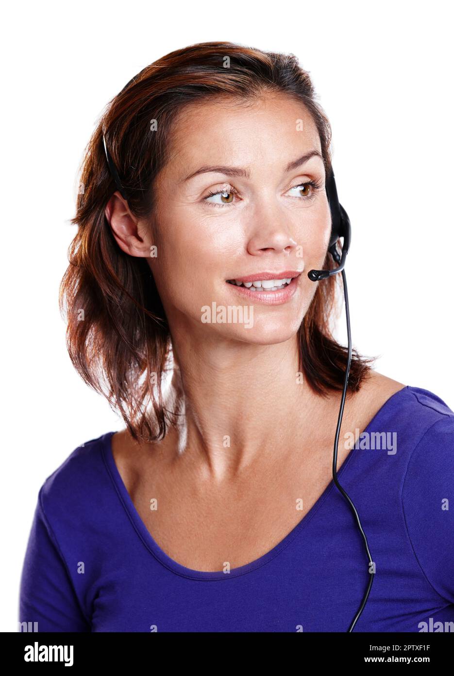 Microphone communication standing looking away smiling hi-res stock ...