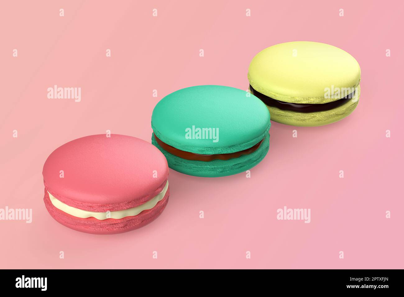 French macarons with different colors and flavors on pink background ...