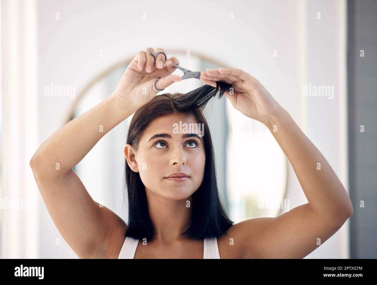 Beauty, hair and self care woman cut for diy, grooming and trim of tips ...