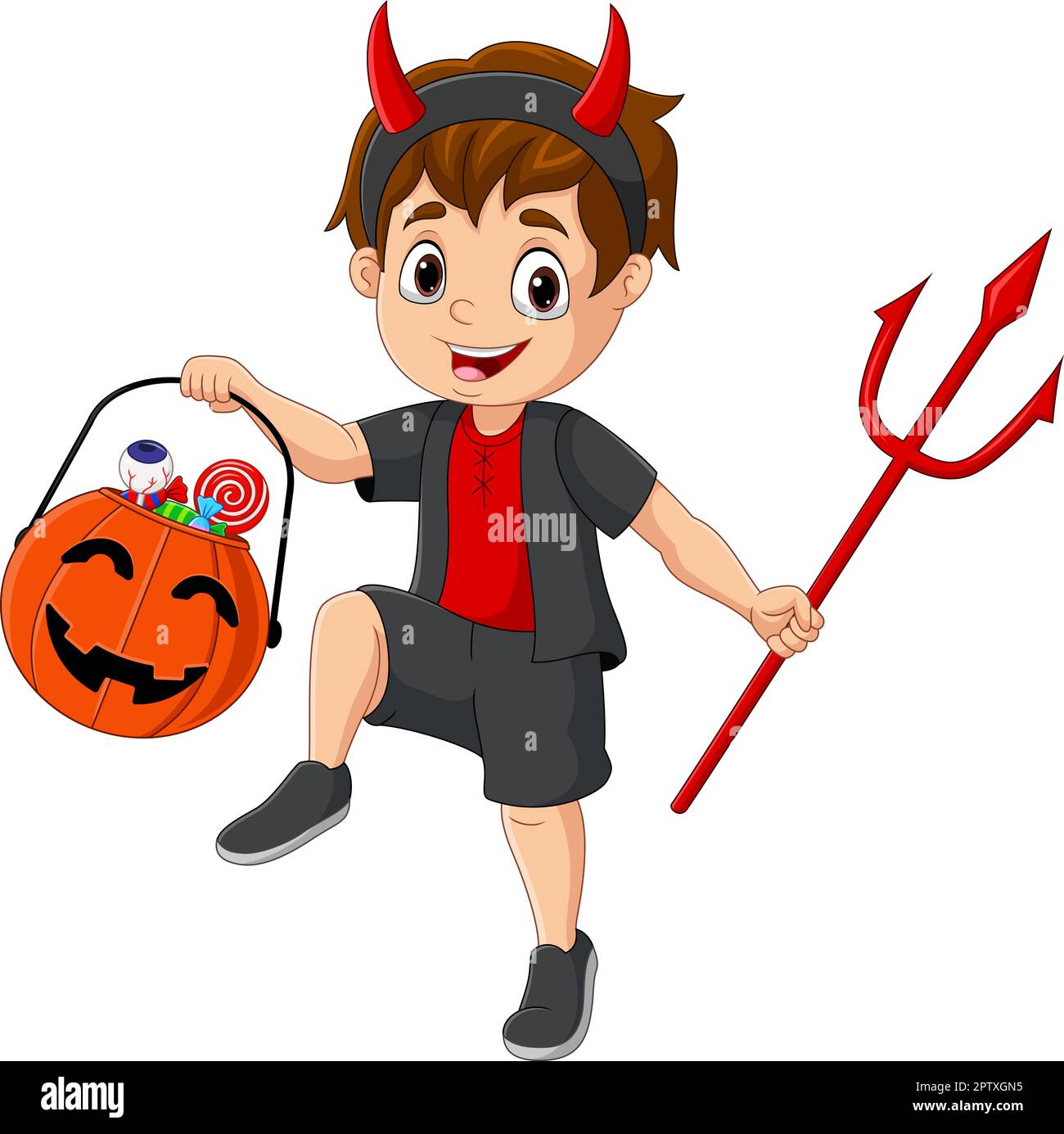 Cartoon little boy in costume devil holding a lucifer and candy basket ...
