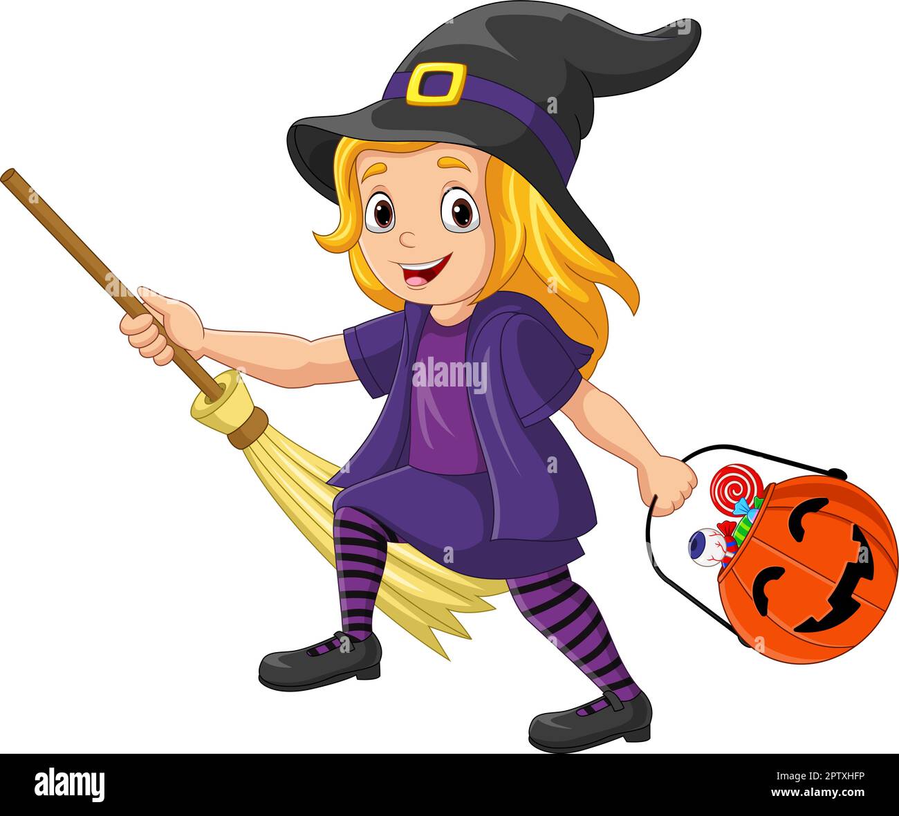 Cartoon little witch girl carrying a basket of candies in a pumpkin ...