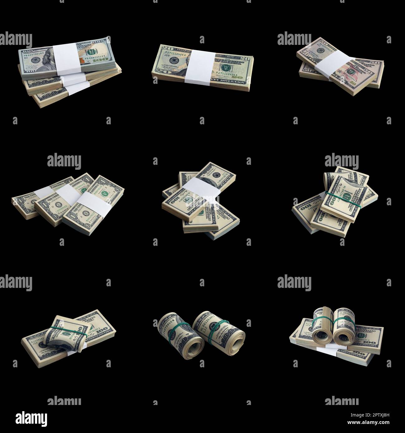 Big set of bundles of US dollar bills isolated on black. Collage with ...