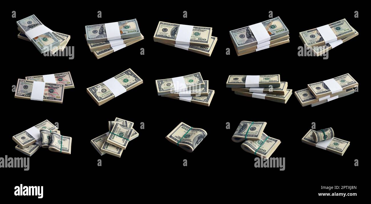 Big set of bundles of US dollar bills isolated on black. Collage with ...