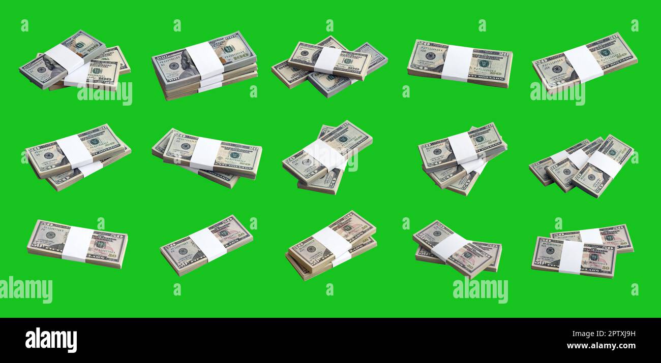 Big set of bundles of US dollar bills isolated on chroma key green ...