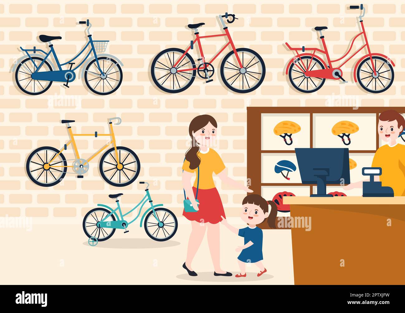 Bike Shop with Shoppers People Choosing Cycles, Accessories or Gear ...