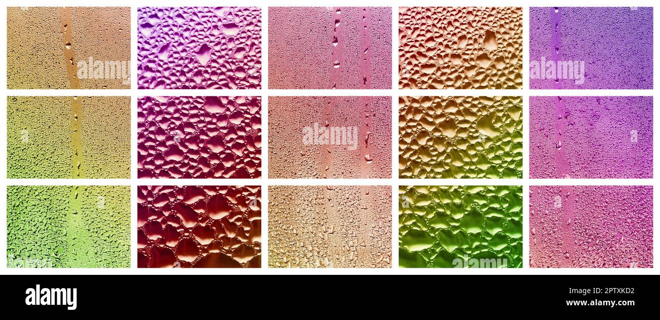 A collage of many different fragments of glass, decorated with rain ...