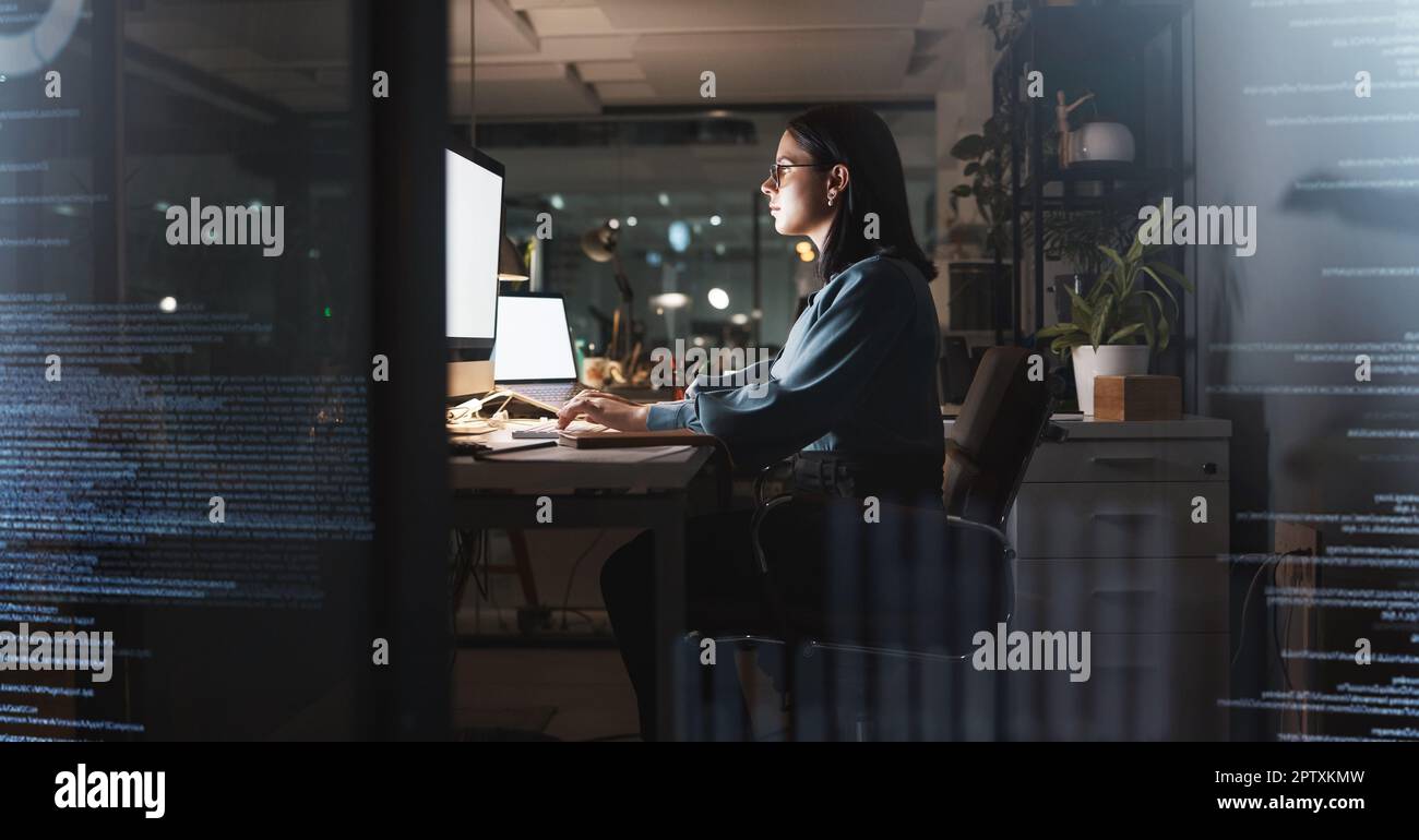 Office Woman And Night Coding With Futuristic Overlay For Cyber