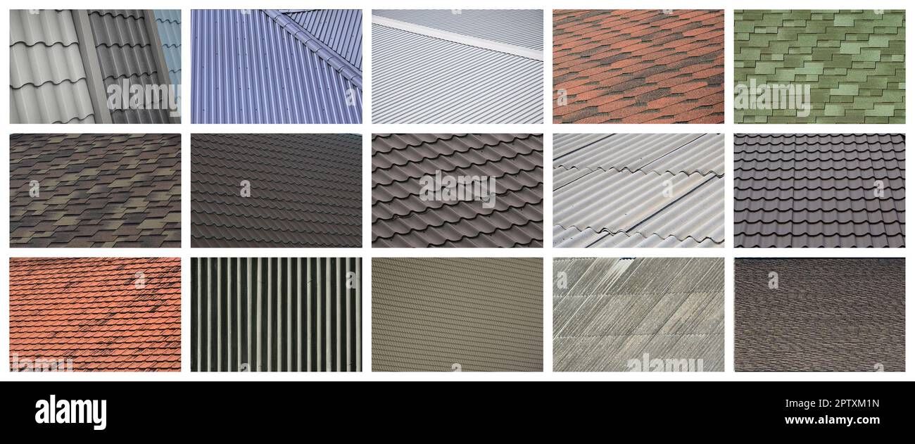 A collage of many pictures with fragments of various types of roofing ...