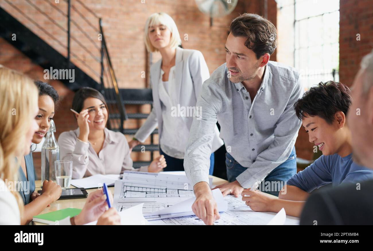 Engineering, architecture and team working with blueprint for ...