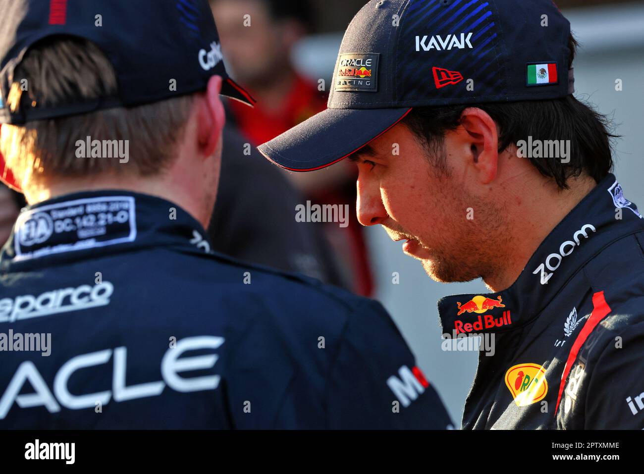 Baku, Azerbaijan. 28th Apr, 2023. Sergio Perez (MEX) Red Bull Racing and team mate Max ...