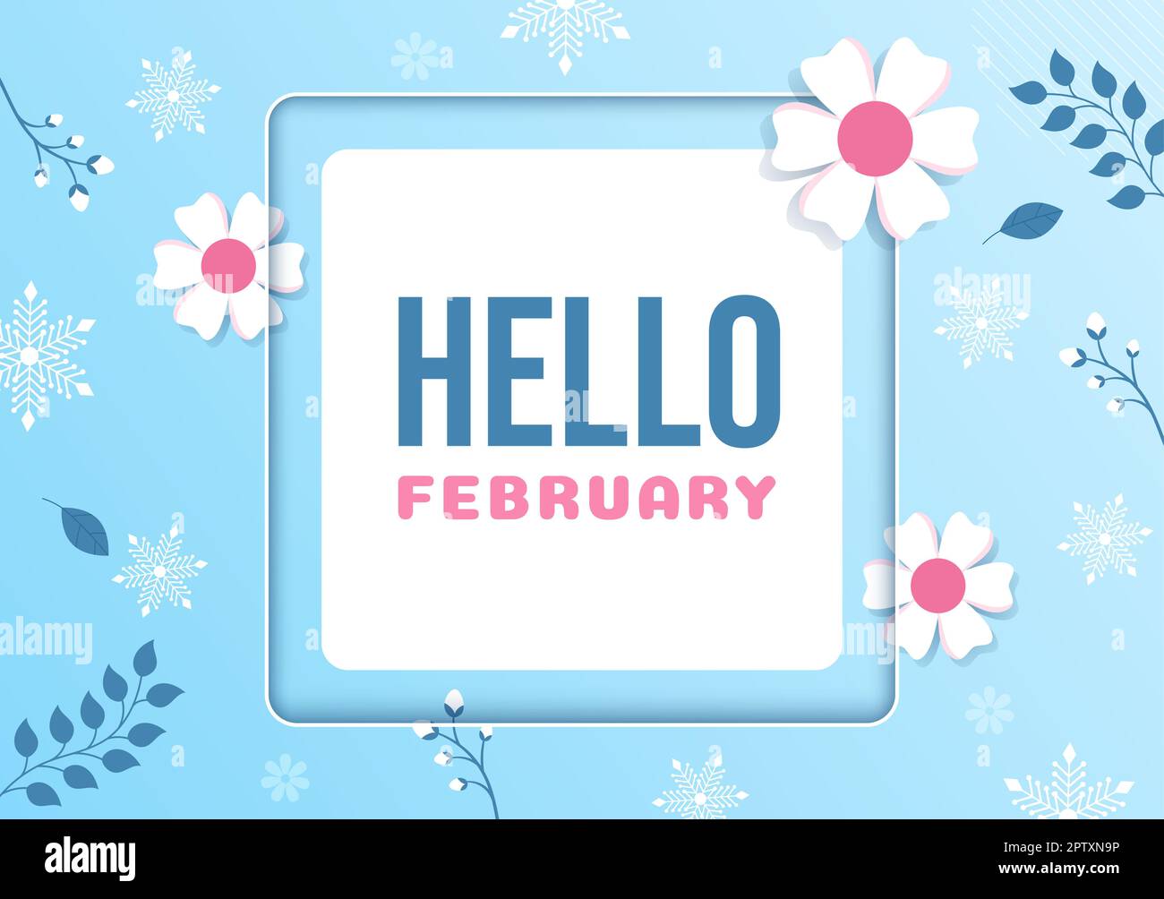 Hello February Month with Flowers, Hearts, Leaves and Cute Lettering ...
