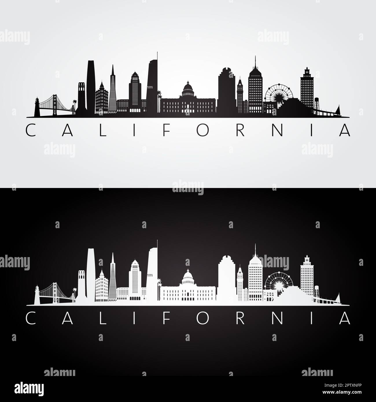 California state skyline and landmarks silhouette, black and white ...