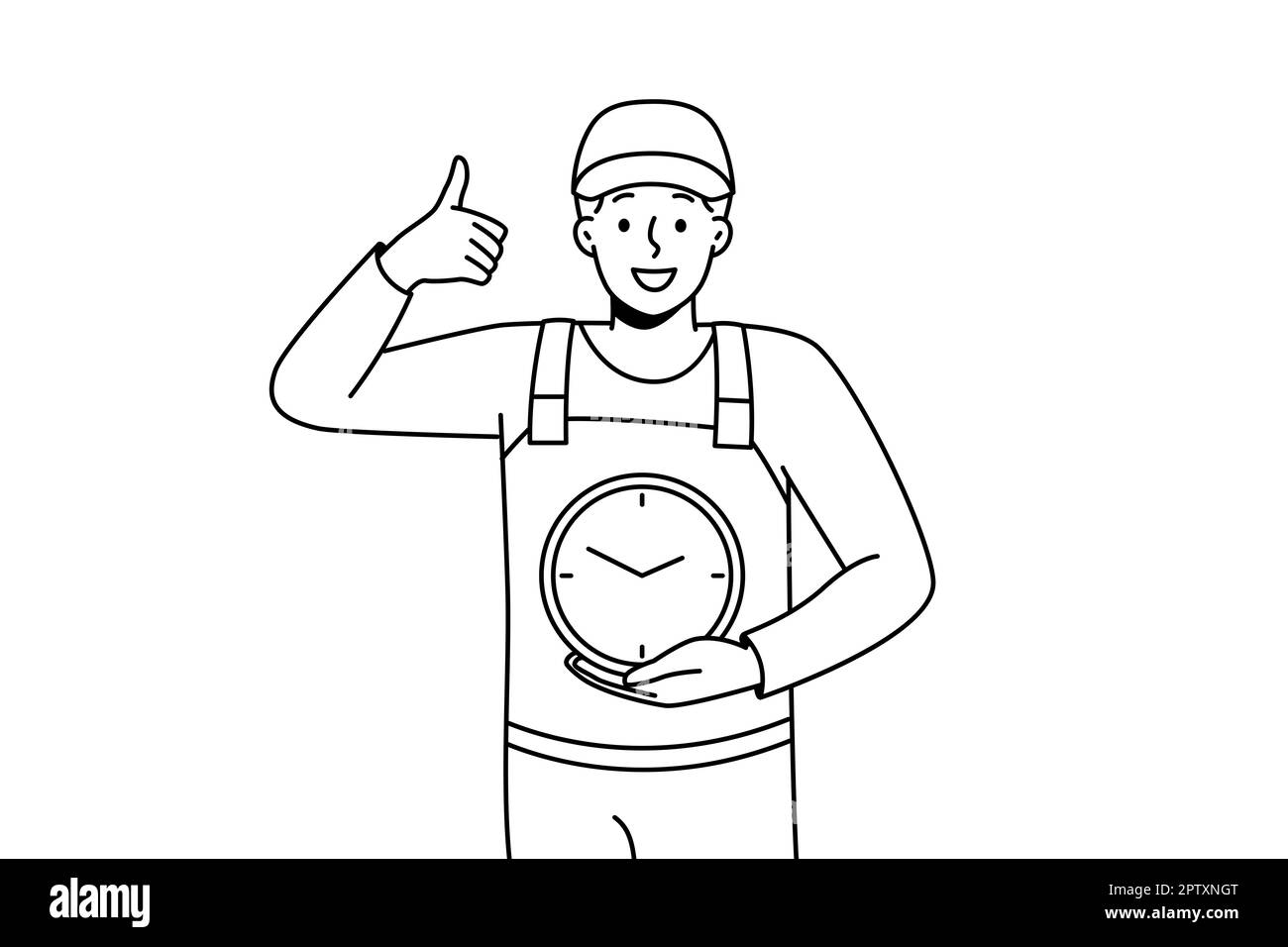 Smiling man in uniform holding clock in hands showing thumb up. Happy ...