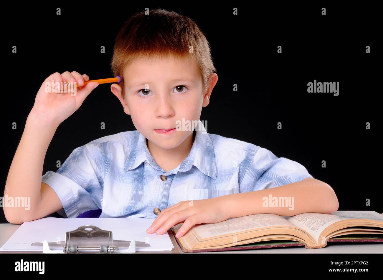 Young boy hard at work studying his books Stock Photo - Alamy