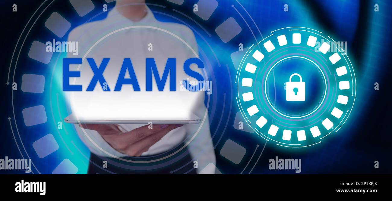 Hand writing sign Exams, Internet Concept test of a specified kind to ...