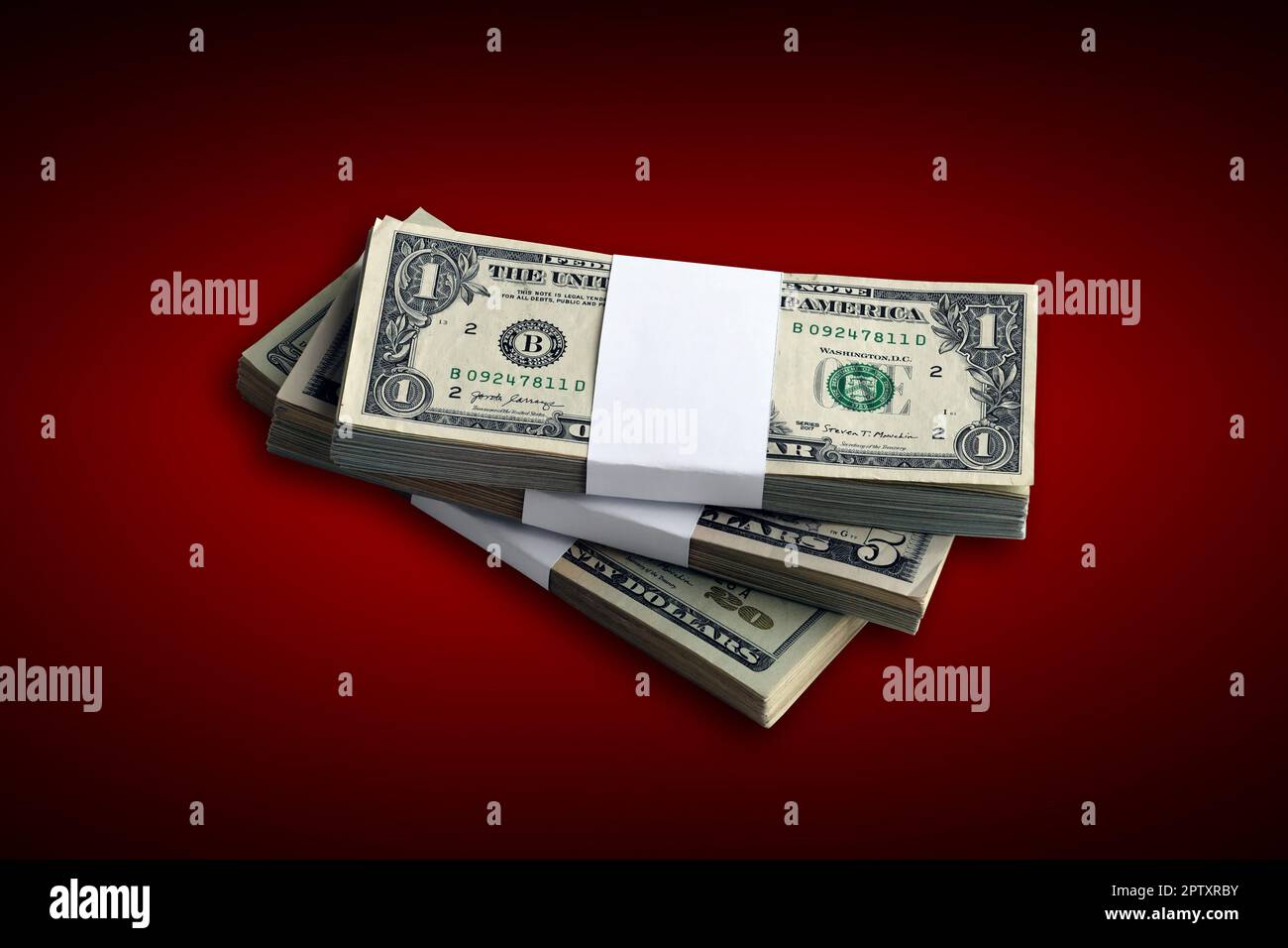 Bundle of US dollar bills on crimson red background. Pack of american ...