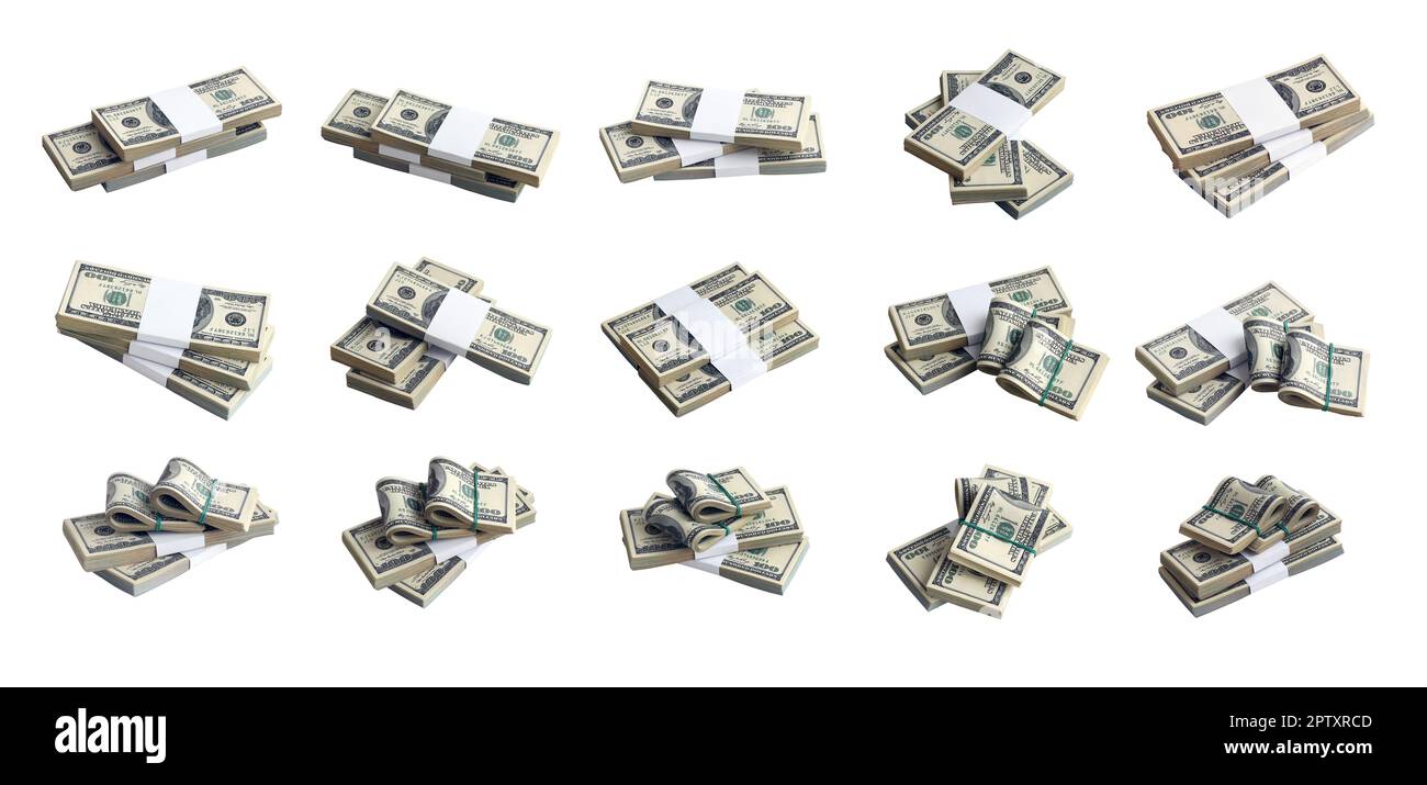 Big set of bundles of US dollar bills isolated on white. Collage with ...