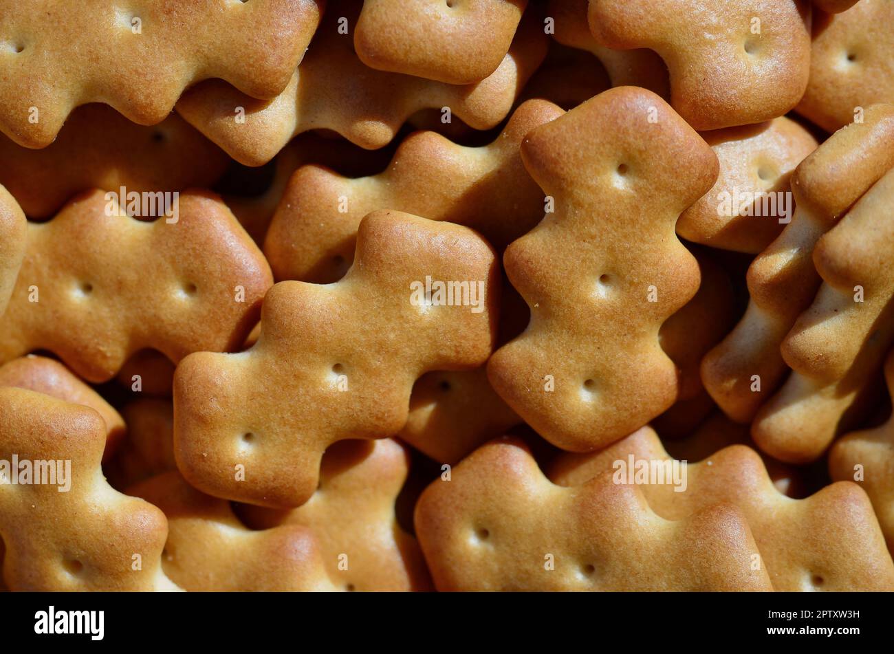 A huge bunch of salted biscuits of small sizes close-up. Macro shot of ...