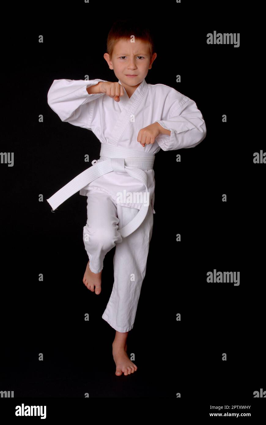 Young boy in karate outfit making fighting movement Stock Photo - Alamy