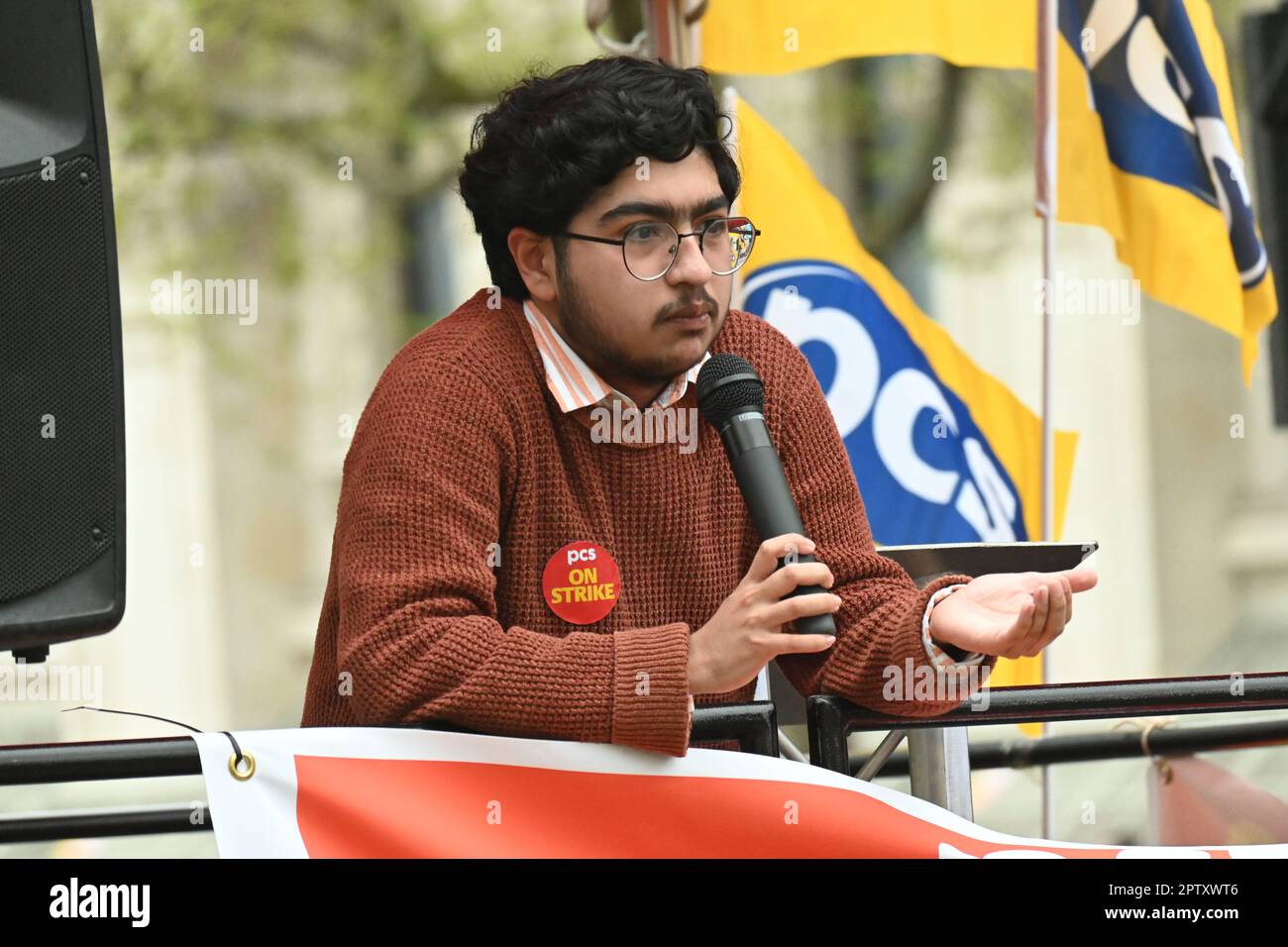 London, UK. 28th Apr, 2023. Speaker Shaan Ali at PCS Strike Day Rally ...