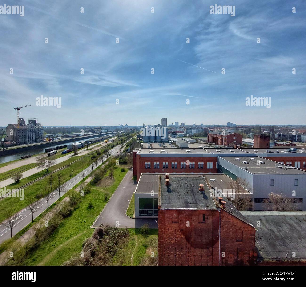 View over industrial district near port in Magdeburg, Germany Stock ...