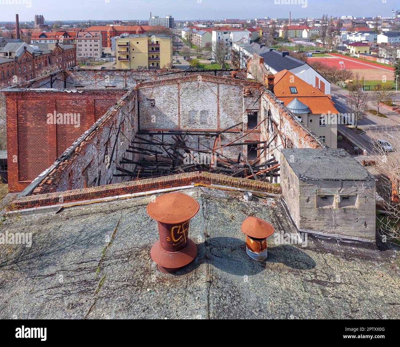 View over ruined warehouse and city in Magdeburg, Germany Stock Photo ...