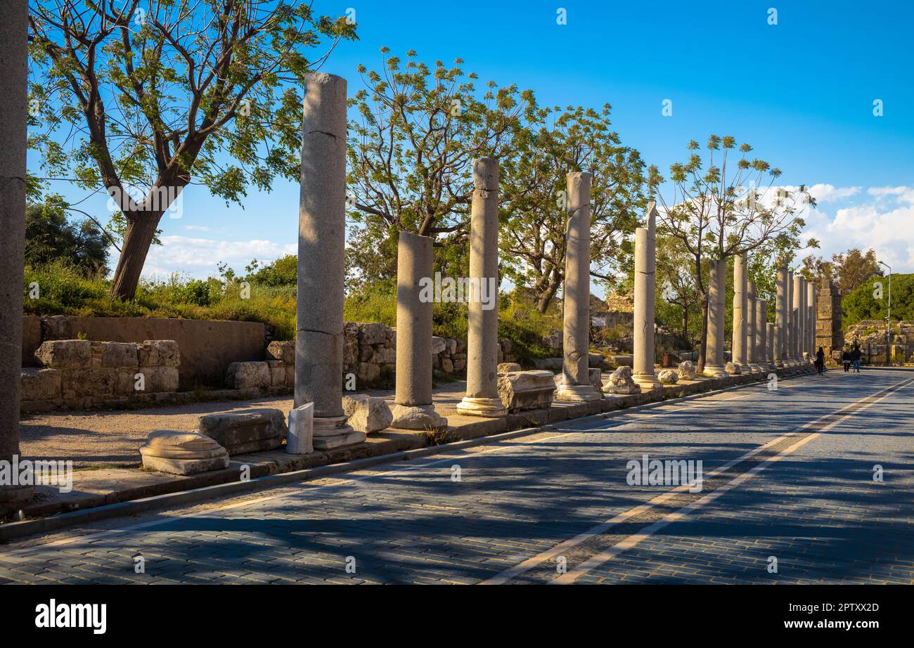 Roman-era marble columns line a road opposite the amphitheatre in the ...