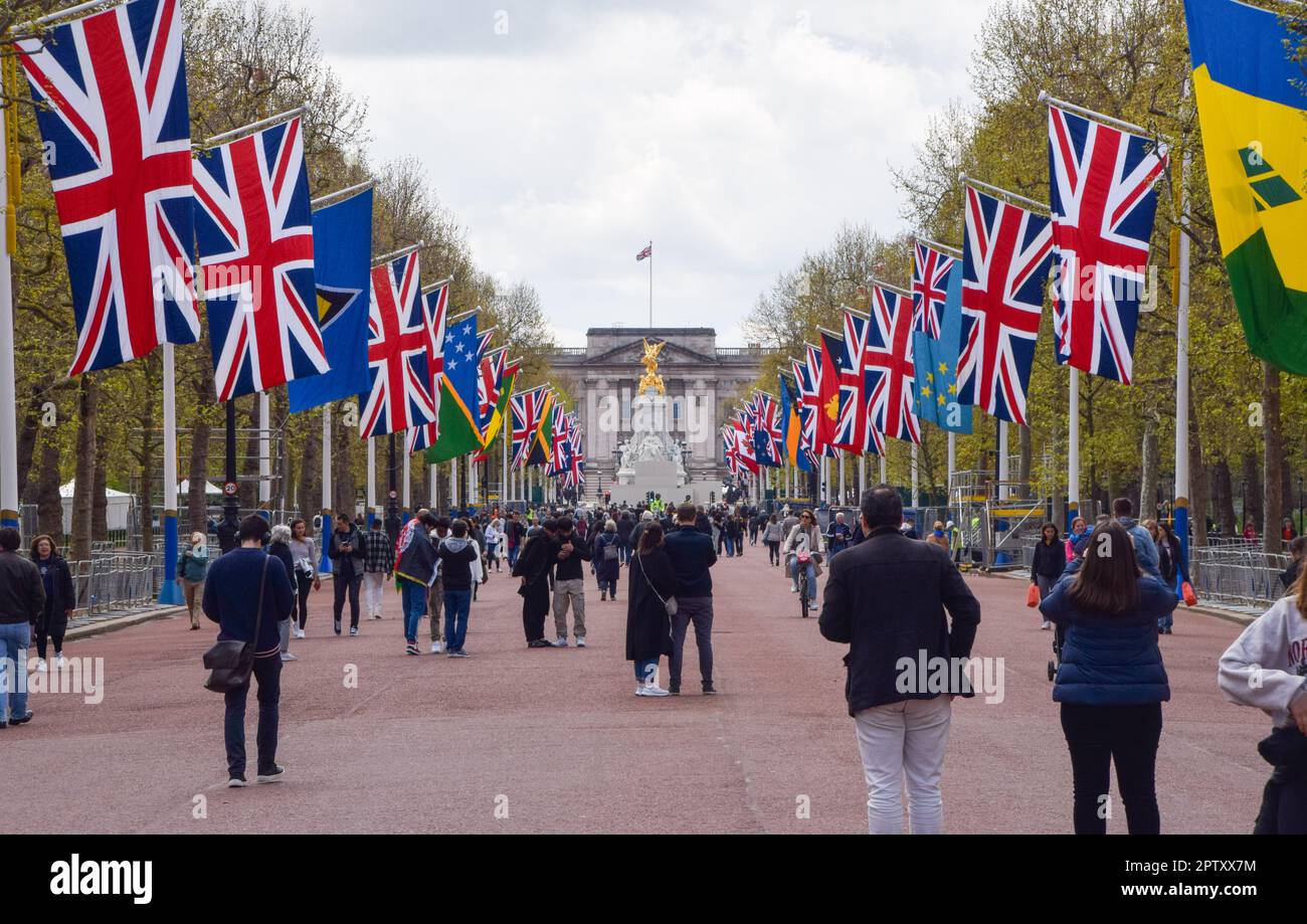 London, UK. 28th April 2023. Union Jacks and flags of Commonwealth ...