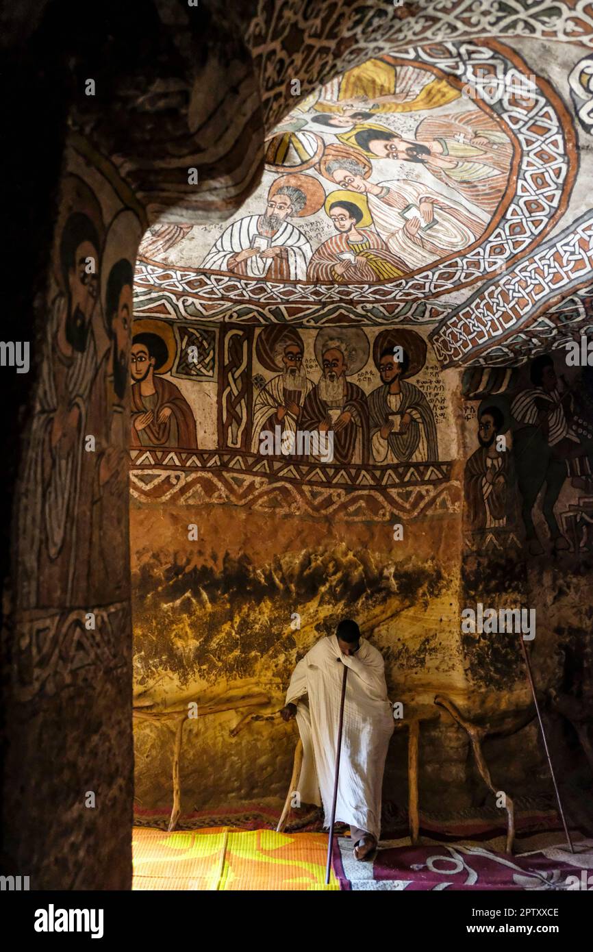 Hawzen, Ethiopia - January 9, 2018: A priest at the Abuna Yemata Guh ...