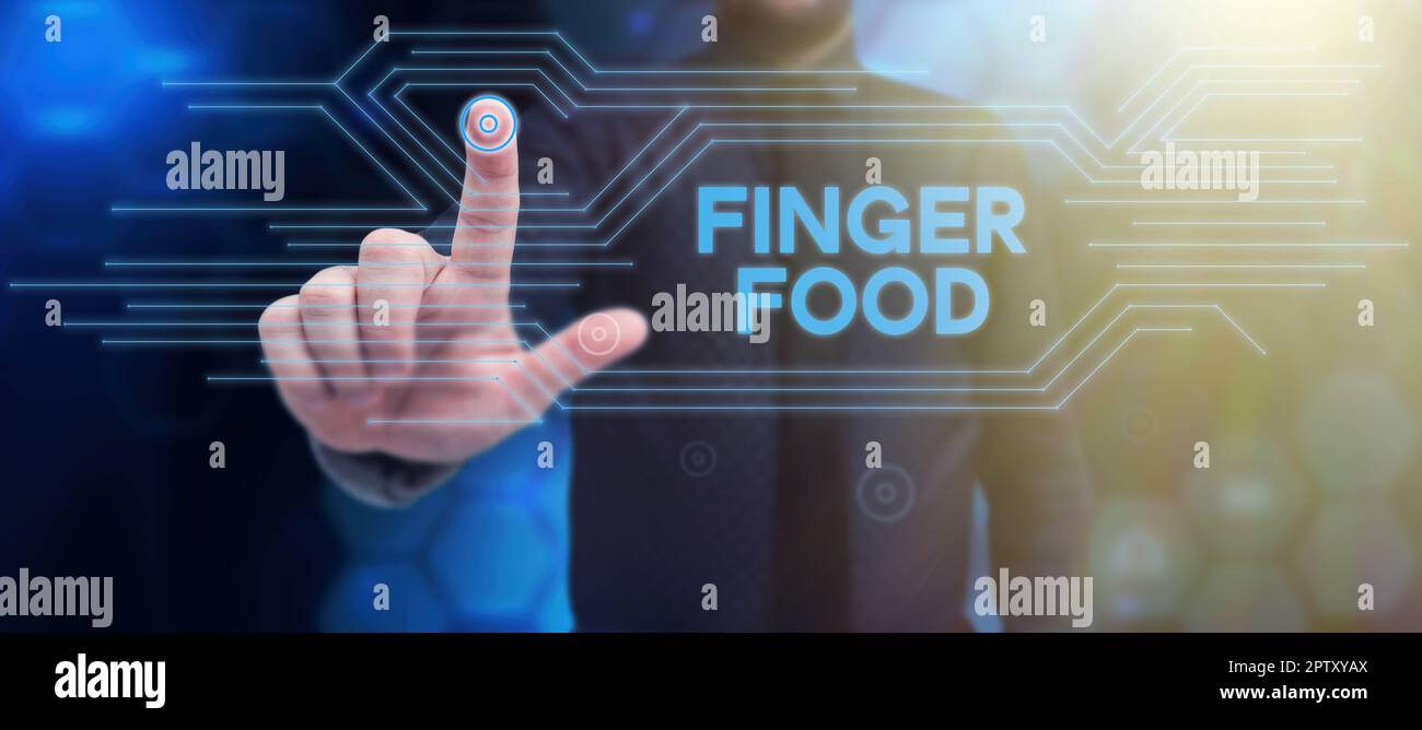 Text caption presenting Finger Food, Word Written on products and ...