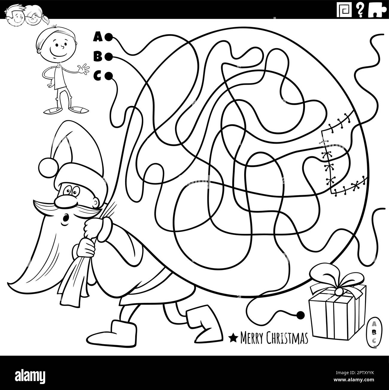 maze with Santa Claus with sak of gifts and boy coloring page Stock Vector Image & Art - Alamy