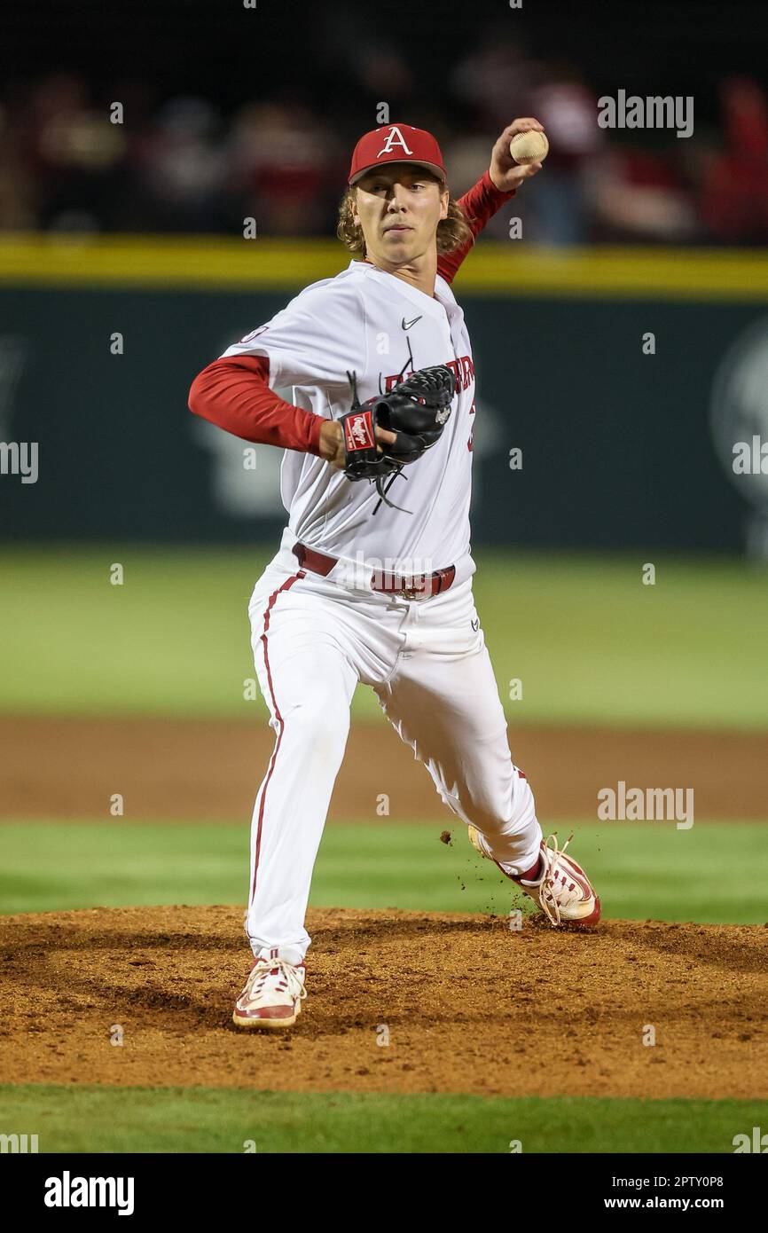 April 27, 2023: Arkansas pitcher Hagen Smith #33 works from the mound ...