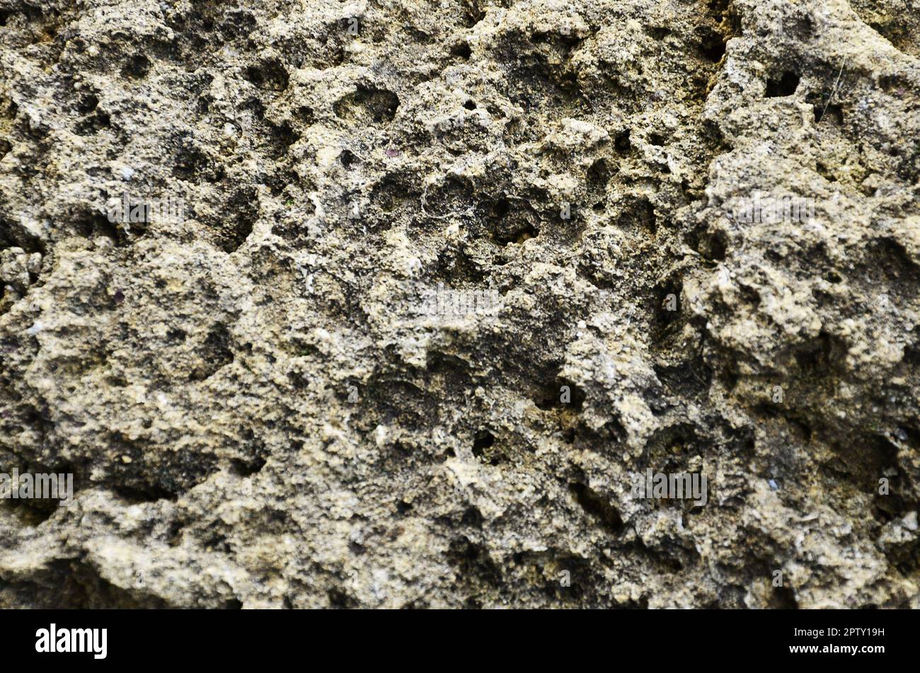 Close up of an old weathered and stained stone wall texture in daytime ...