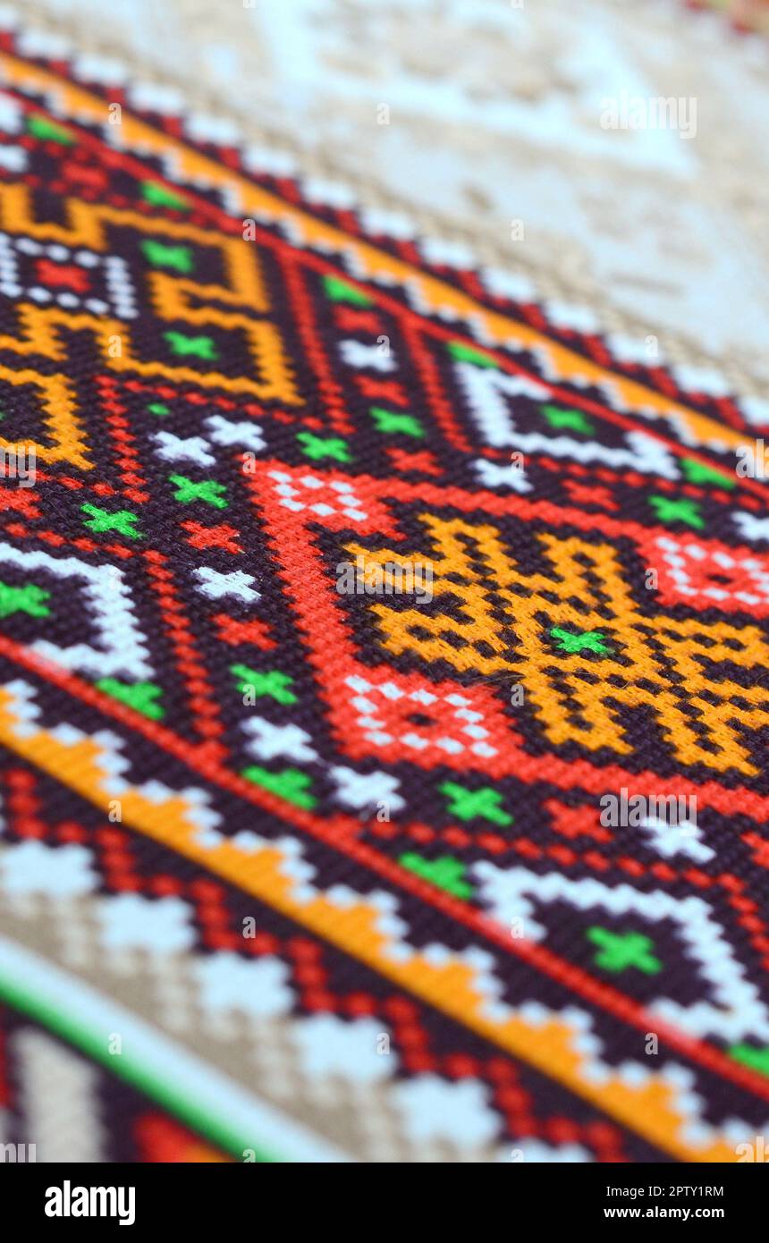 Traditional Ukrainian folk art knitted embroidery pattern on textile ...