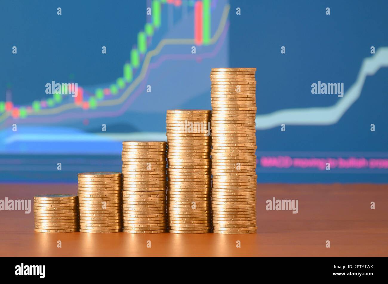 Golden coin stacks arranged as a graph. Increasing columns of coins ...