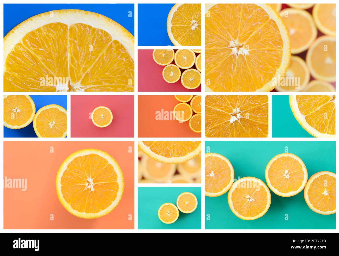 A collage of many pictures with juicy oranges. Set of images with ...