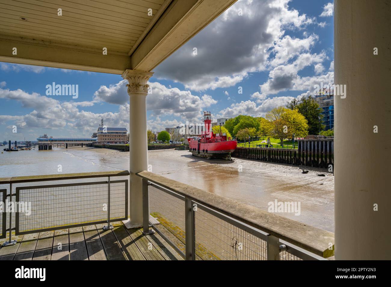Looking at St Andrews gardens and LS 21 from The old town Pier Gravesend Kent on a sunny spring ...