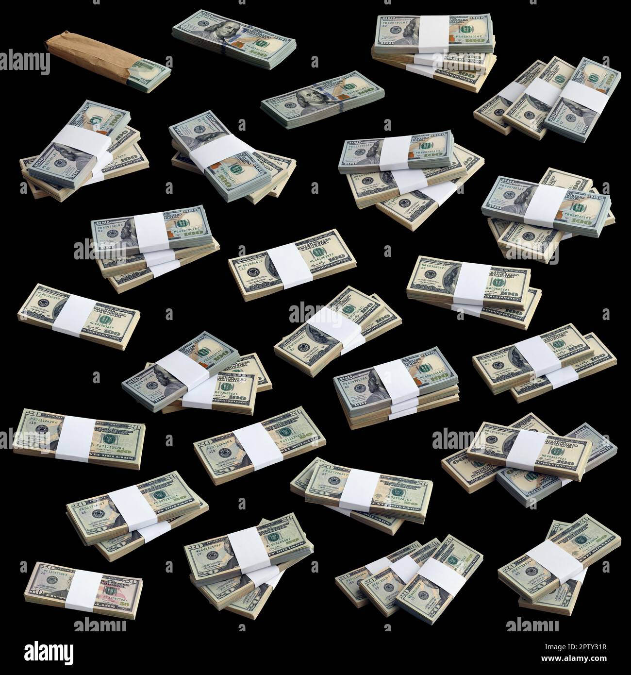 Big set of bundles of US dollar bills isolated on black. Collage with ...