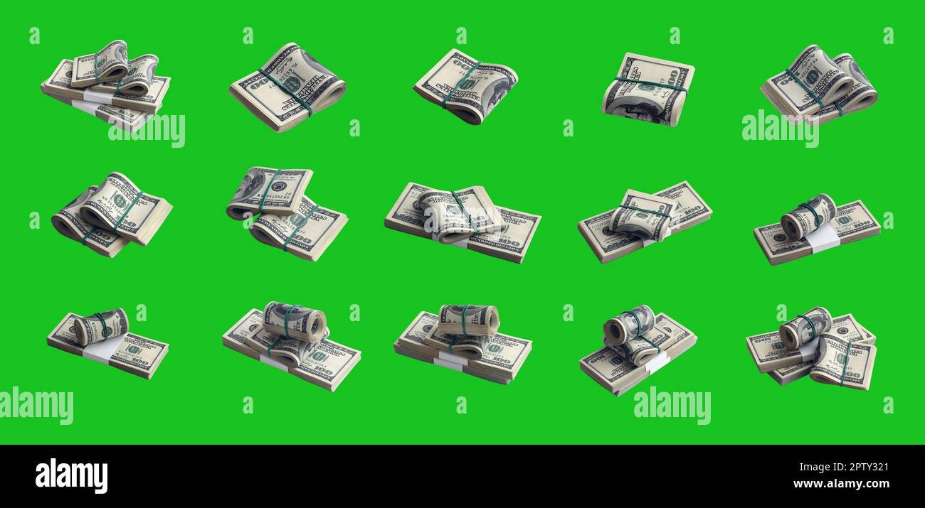 Big set of bundles of US dollar bills isolated on chroma key green ...