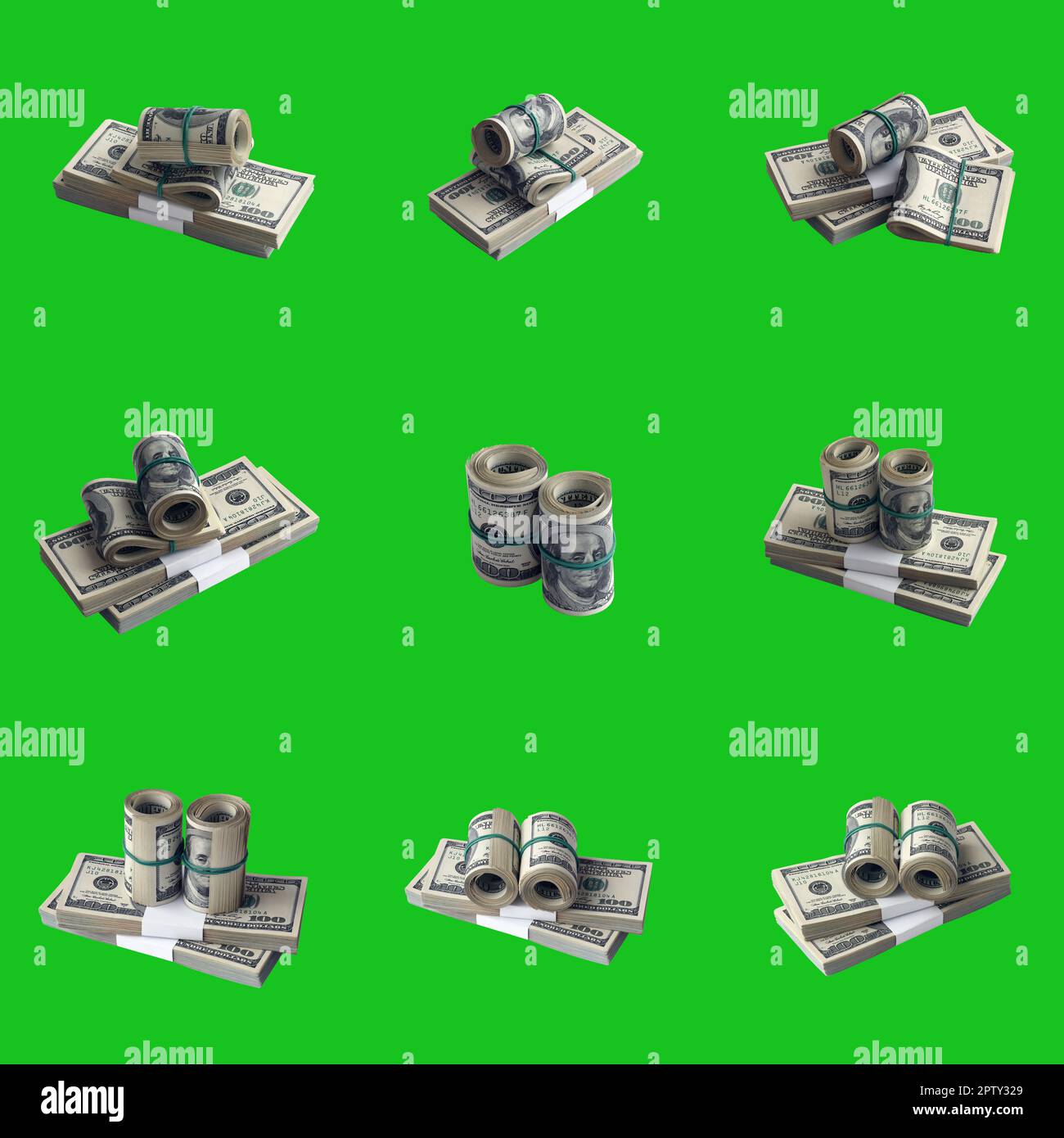 Big set of bundles of US dollar bills isolated on chroma key green ...